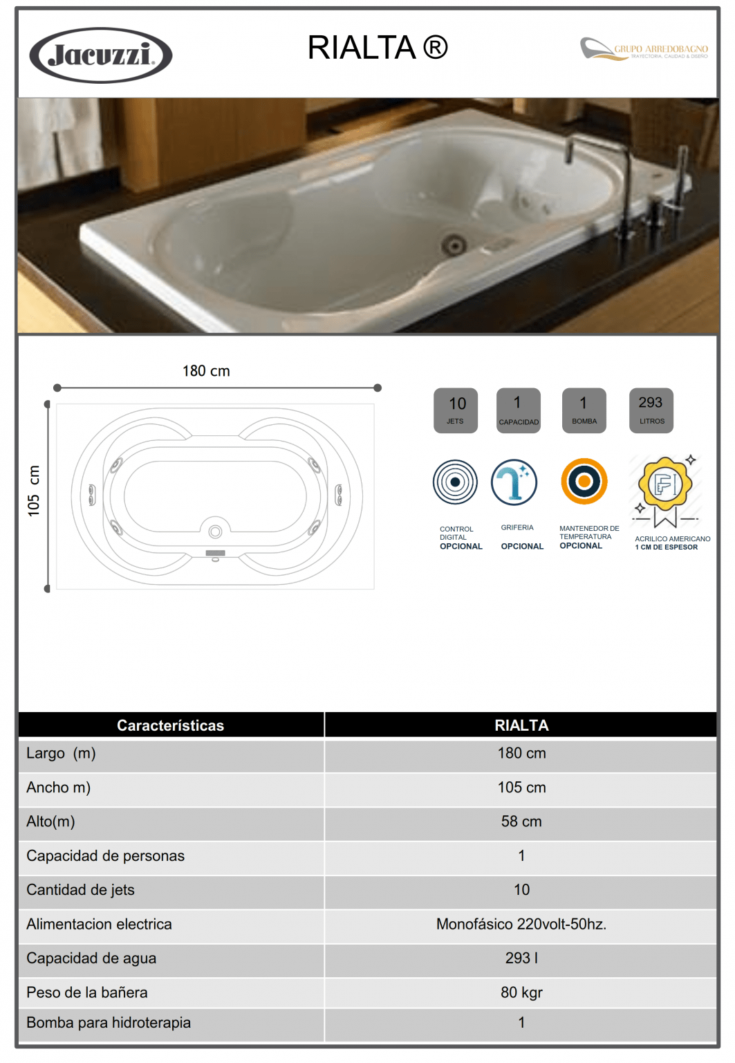 Bañera JACUZZI© con hidromasaje Jacuzzi© Rialta 180x105 - Arredobagno S ...